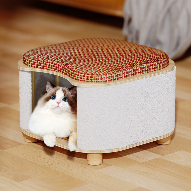 Multi-functional Wooden Cat House with Scratching Board Stool – Pawpycup